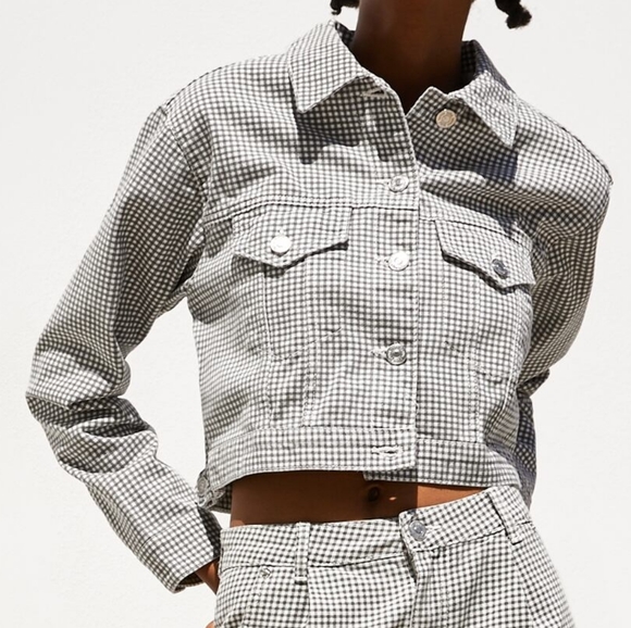 Zara | Jackets & Coats | Nwt Zara Gray Micro Checked Cropped Denim ...